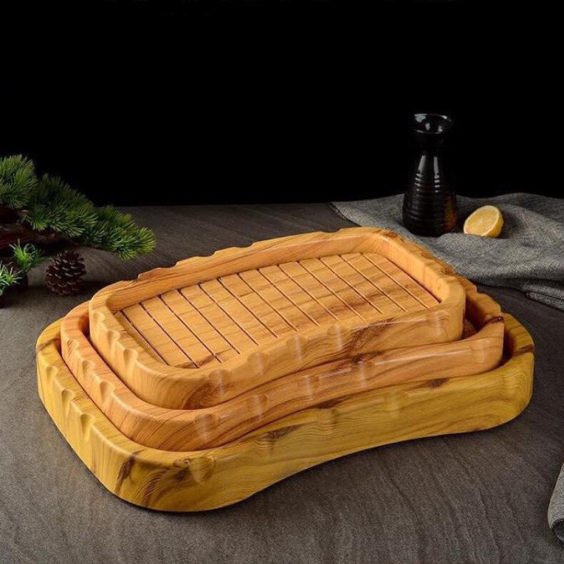 Sushi, sashimi, Salmon, Seafood trapezoidal wood imitation plastic tray ...