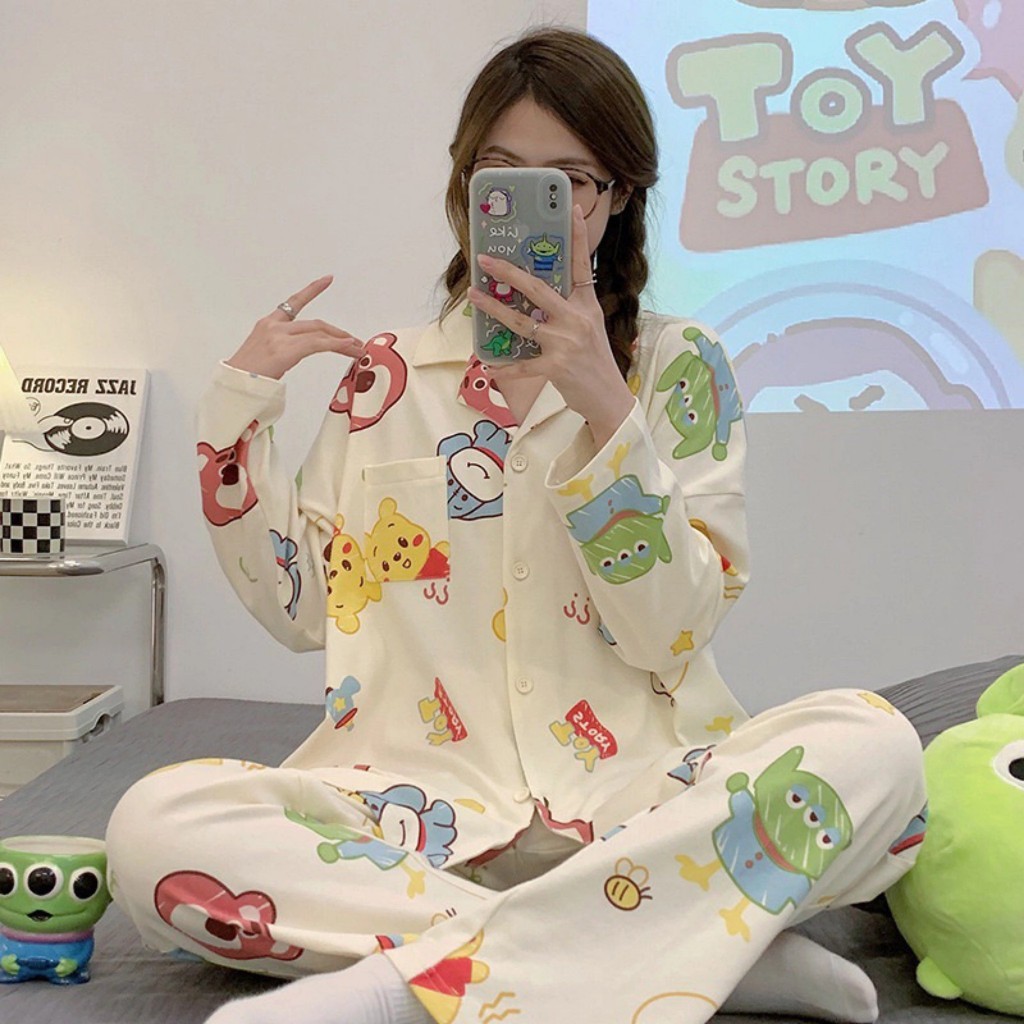 Women's pajamas with long sleeves and long pants, cute cartoon lotus ...