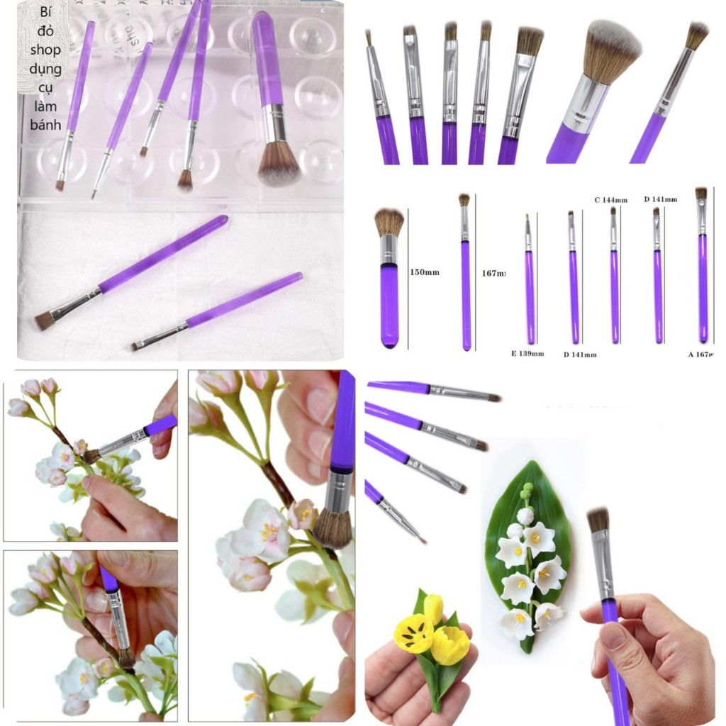 Set of 7 paint brushes on hard plastic molds for making chocolate bon ...
