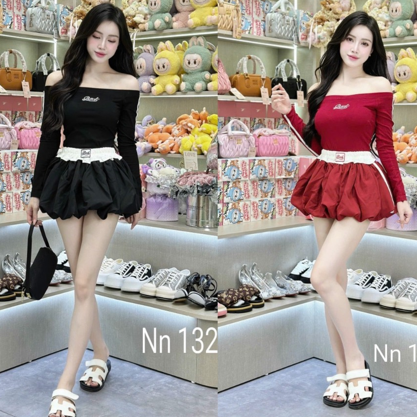 Bad off-the-shoulder crop top Set mixed with 2-layer puffy wind skirt ...