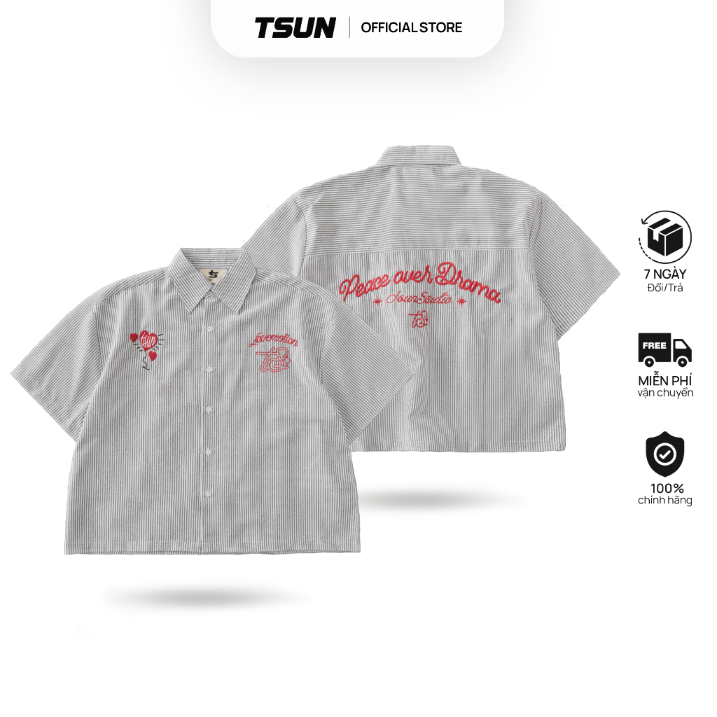 Embroidered Heart Shirt, Black and White Stripes - Genuine TSUN Brand ...