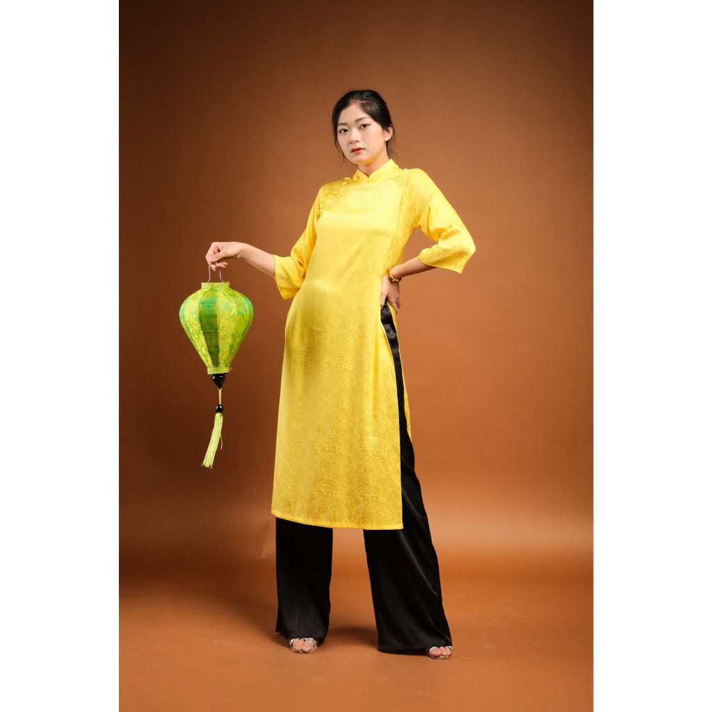 Patterned Brocade Ao Dai - Yellow, Women's Modern Brocade Ao Dai with ...