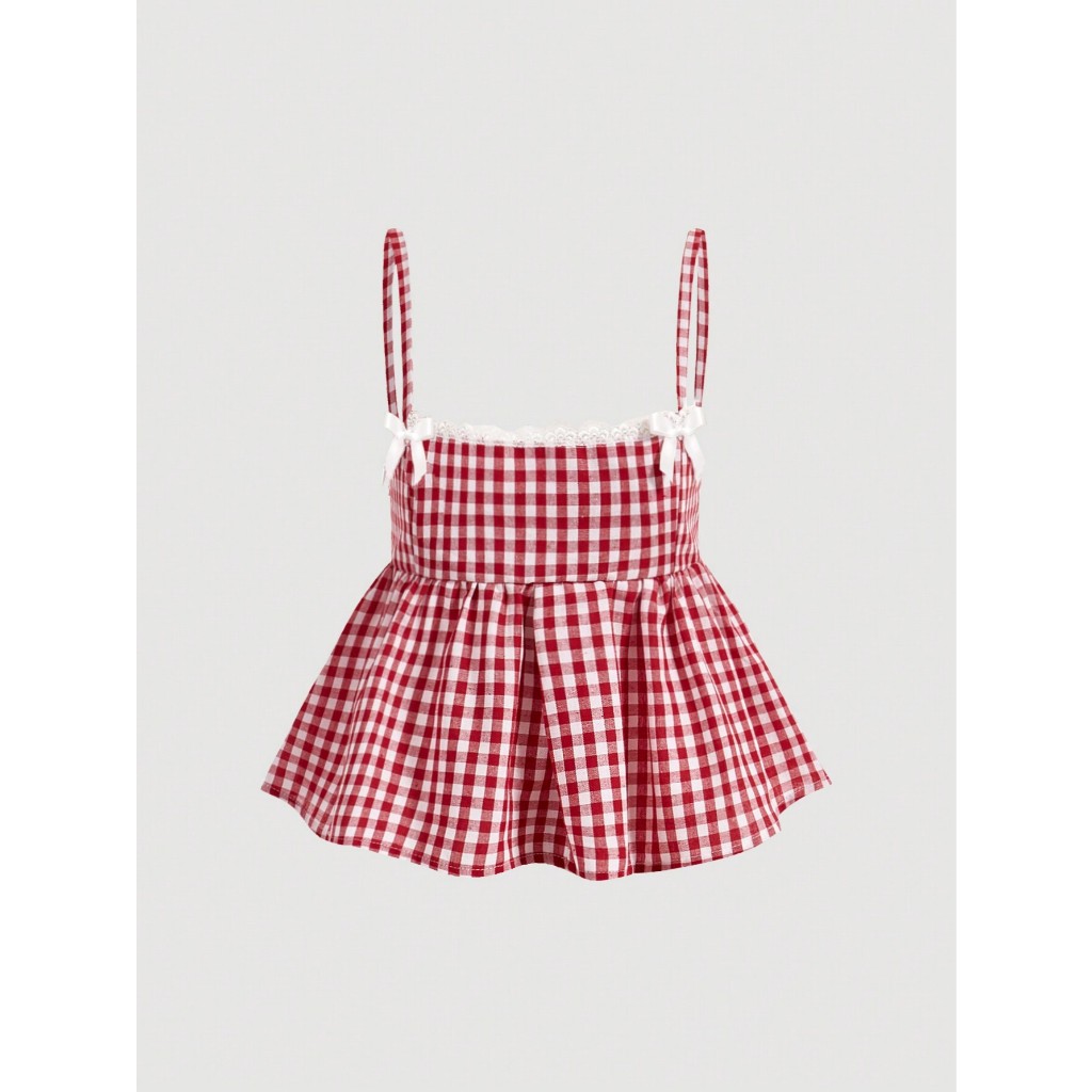 Babydoll Red Checkered Tank Top with Bow Korean Style (SH24A) | Shopee ...