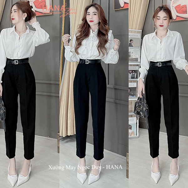 High-waisted office women's baggy pants with leech in black, long style ...
