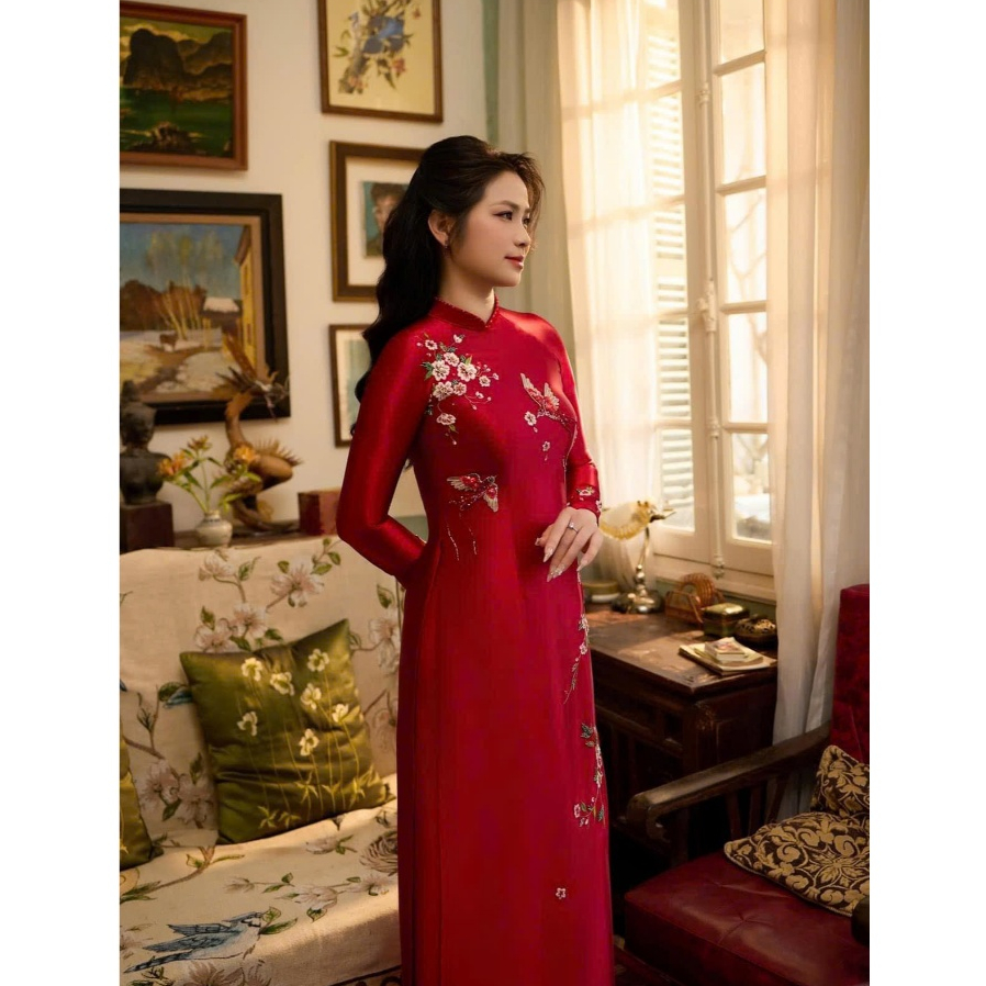 Ao Dai Huong Phuong, high-quality Queen silk, hand-embroidered with 2 birds for mothers to wear ...