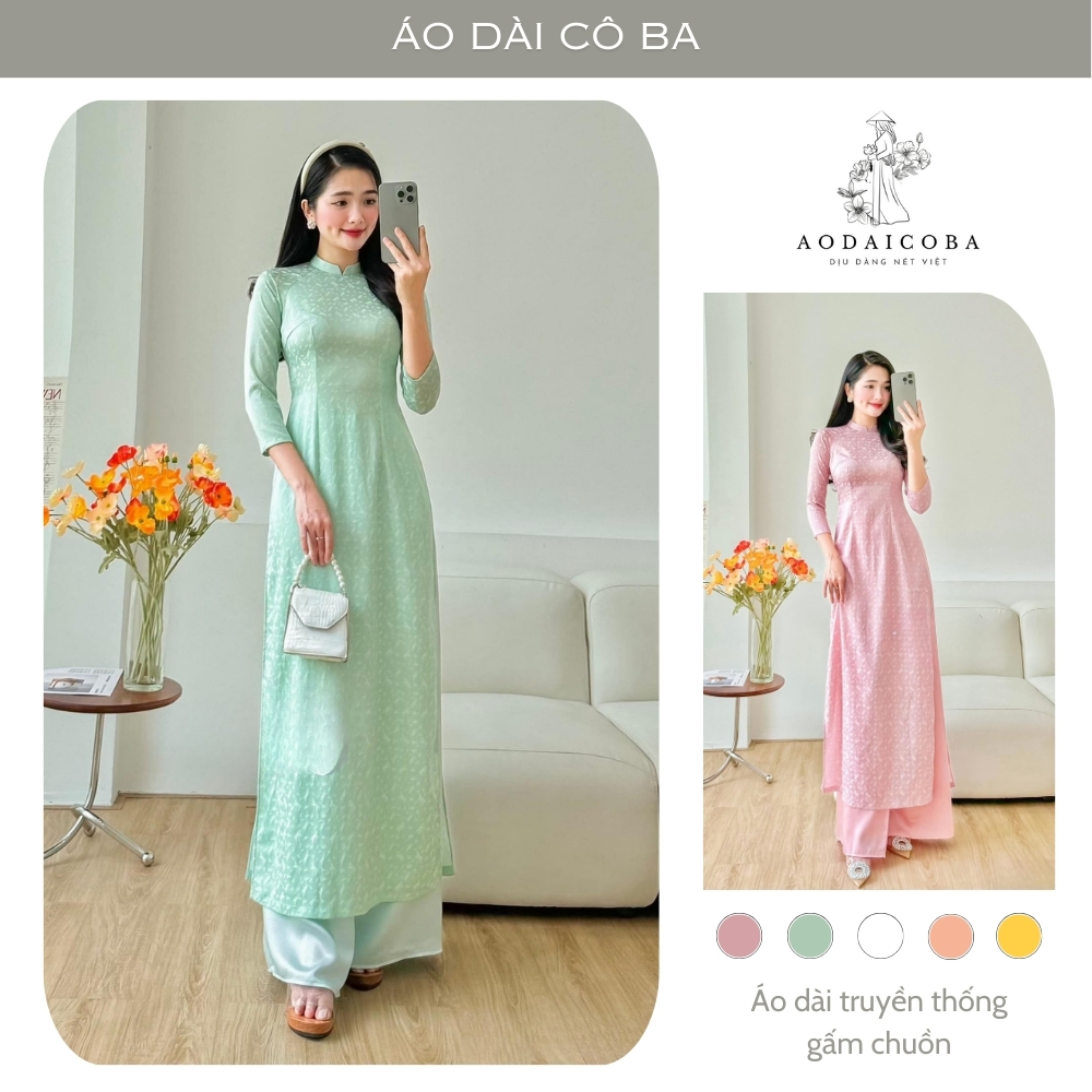 Traditional brocade ao dai with embroidered dragonfly motifs, 140cm ...