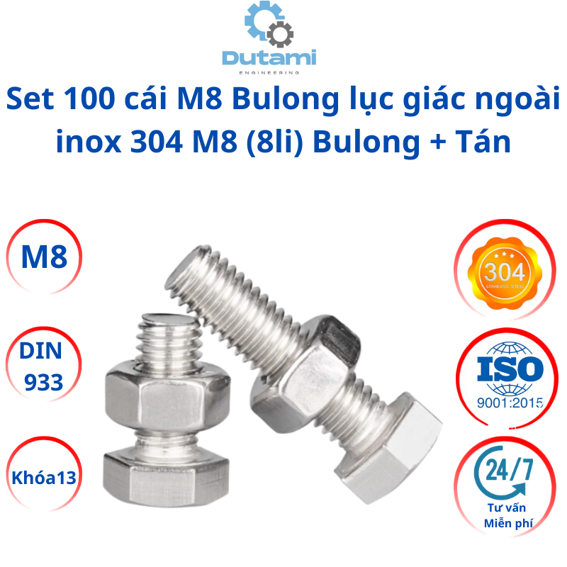 Set of 100 pieces M8 304 M8 stainless steel external hexagonal bolts (8mm) Bolts + Canopy ...