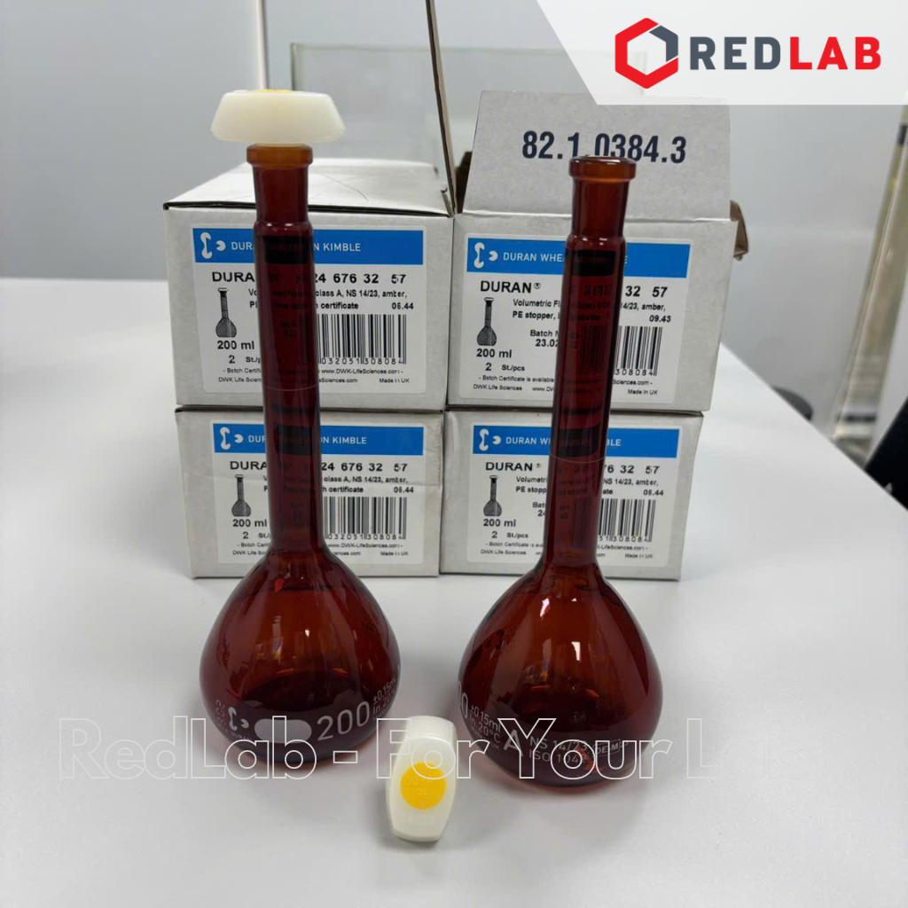 DURAN Class A Brown Volumetric flask 50 100 200 250 ml, plastic stopper ...