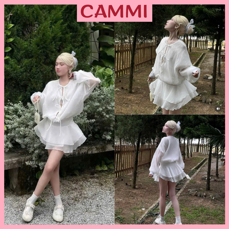 Women's Outfit Set includes White Silk Blouse with Tie for a Fluffy ...