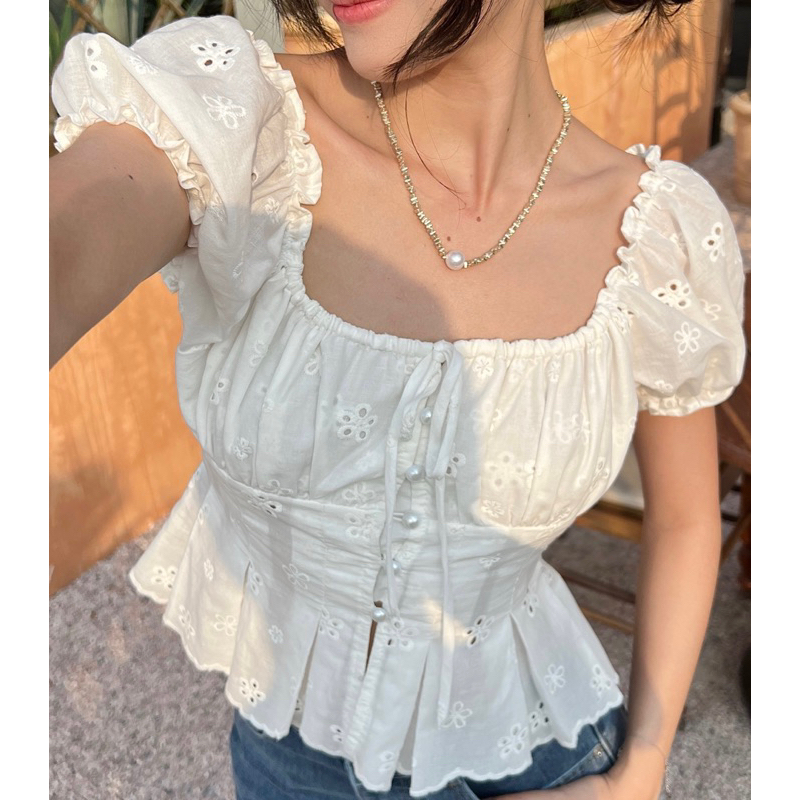 2-LAYER EMBROIDERED SHIRT WITH Puff SLEEVES BABYDOLL FORM PLEATED WOMEN ...
