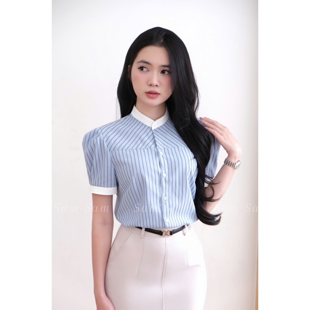 Sam Sam shirt with short sleeves and plaid material with puffed sleeves ...