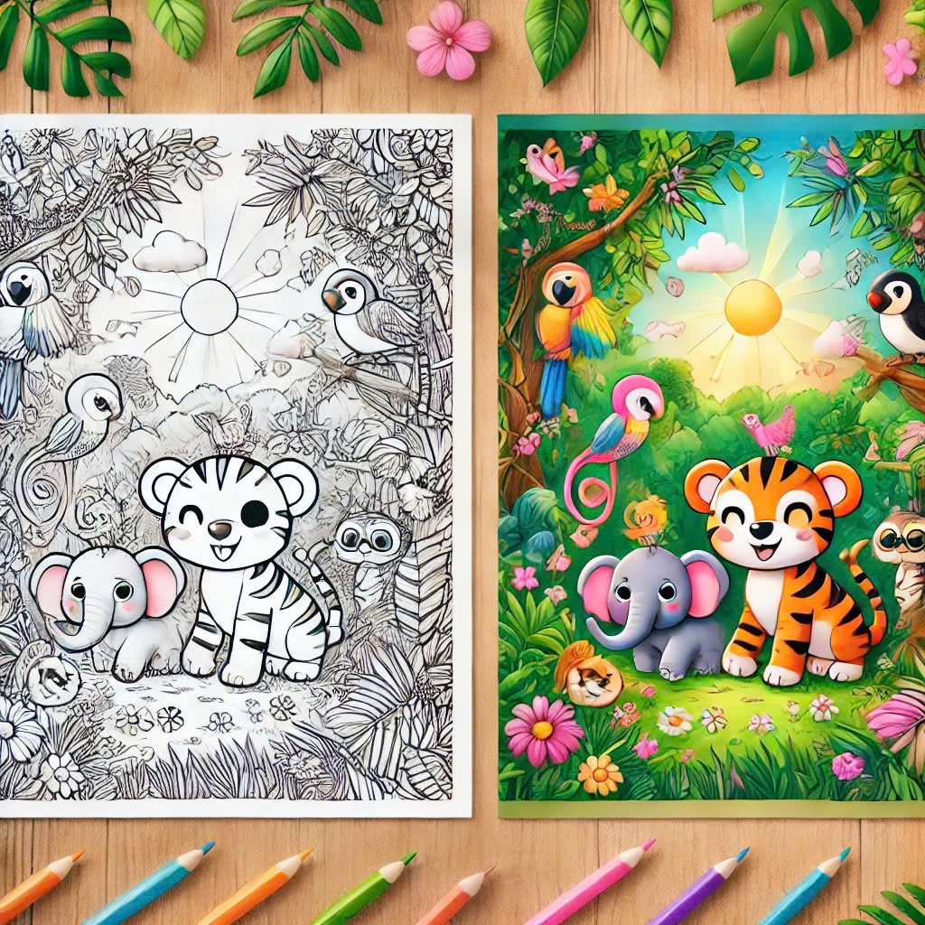 Set of 50 Jungle Animal Theme Coloring Pages - Pre-drawn Paper Toys for ...