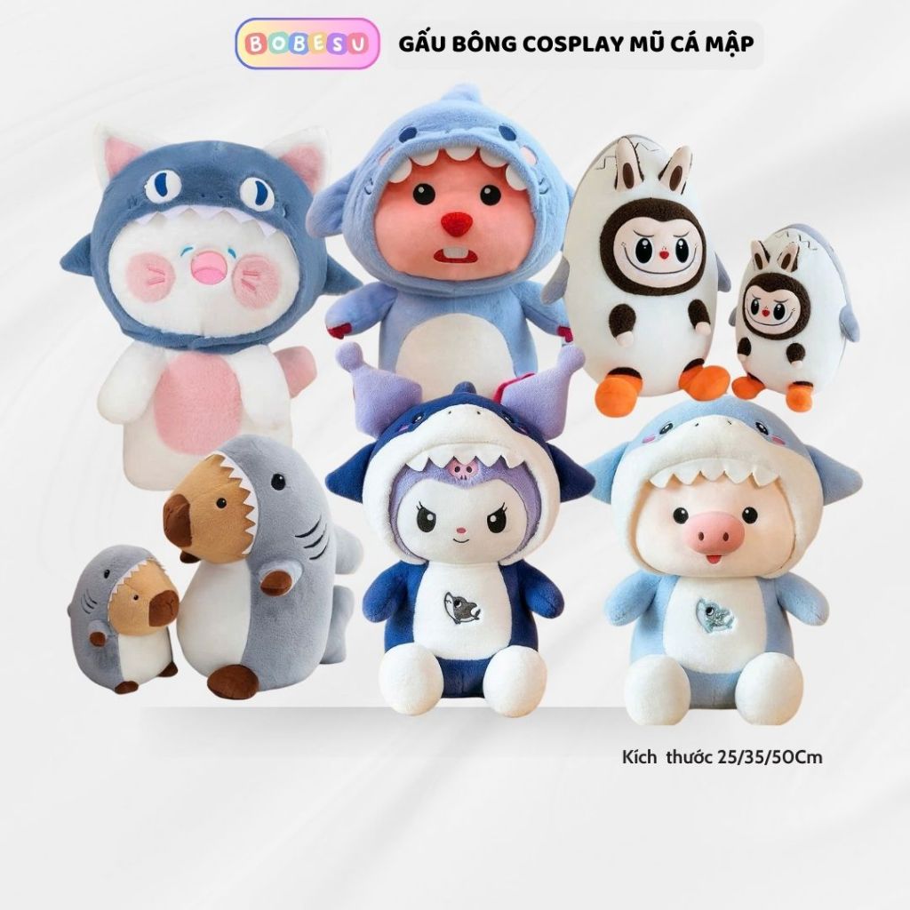 Loppy capybara labubu teddy bear kuromi pig wearing cute shark costume ...
