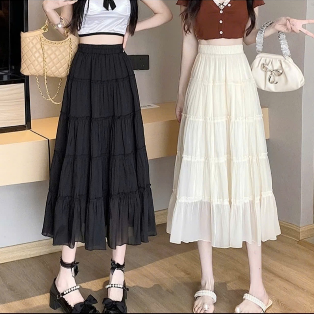 MIDI Long Flared Skirt Made of Silk Chiffon with Ruffles for Fashion ...