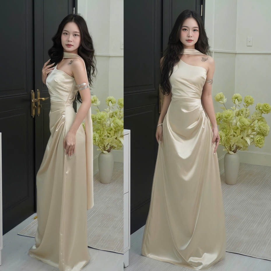 Luxury Long Silk Party Dress SC653 Luxurious Cross-Neck Silk Wedding Party Dress | Shopee Singapore