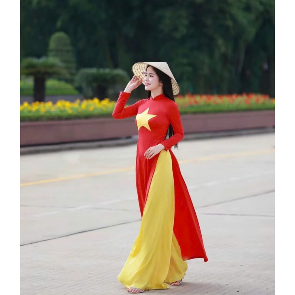 Ao dai with red flag and yellow star printed in 3D smooth and cool silk ...