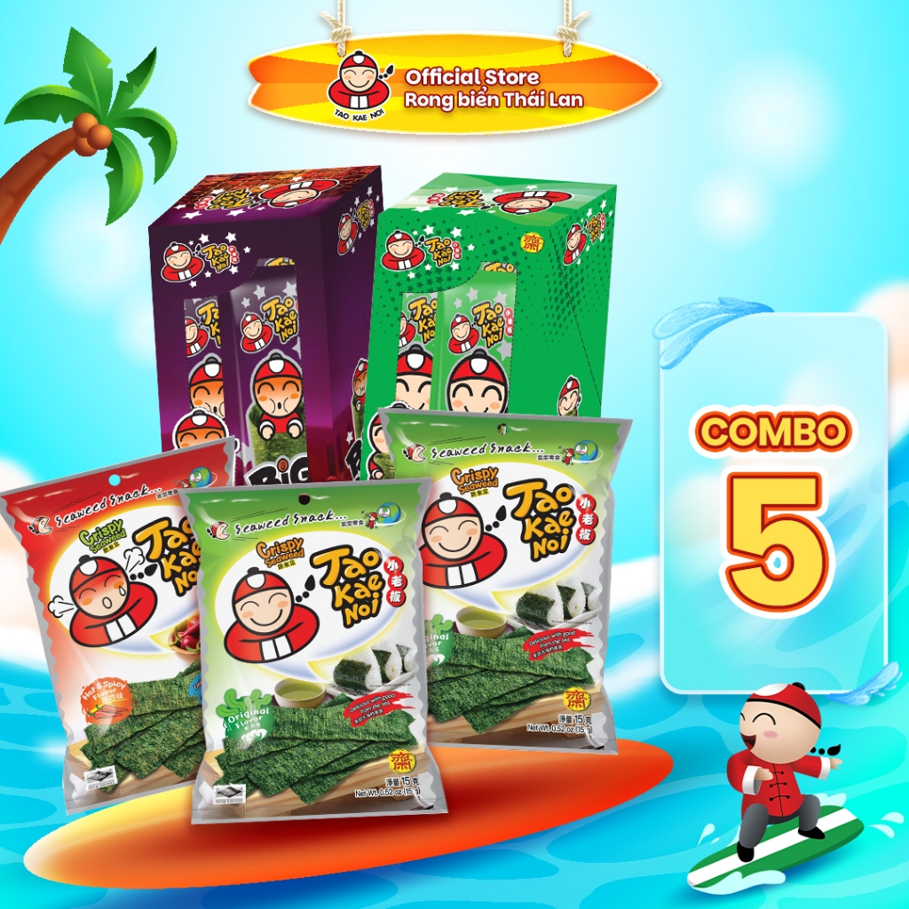 [COMBO 5 Piece] TaoKaeNoi BIG ROLL SEAWEED 3g (Traditional, BBQ) Mix ...