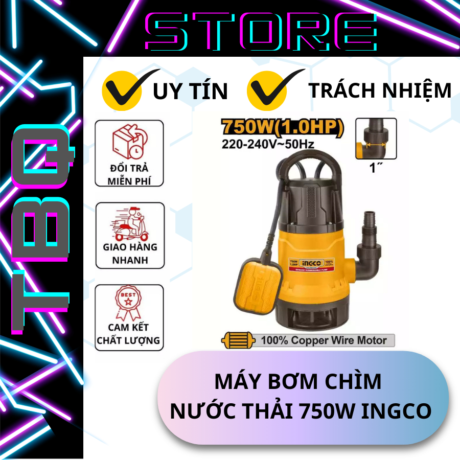INGCO SPD7508 Submersible Wastewater Pump – 750W, 13000L/h, 9M COPPER ...