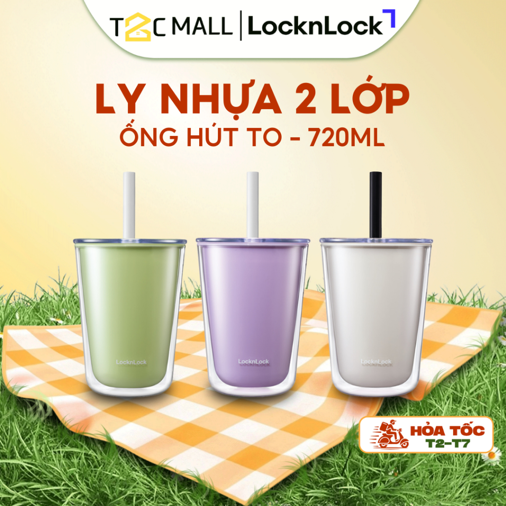 LocknLock 720ML 2-Layer Plastic Cup with Straw, Cute Plastic Cup with Lid, Milk Tea Cup HAP529 ...