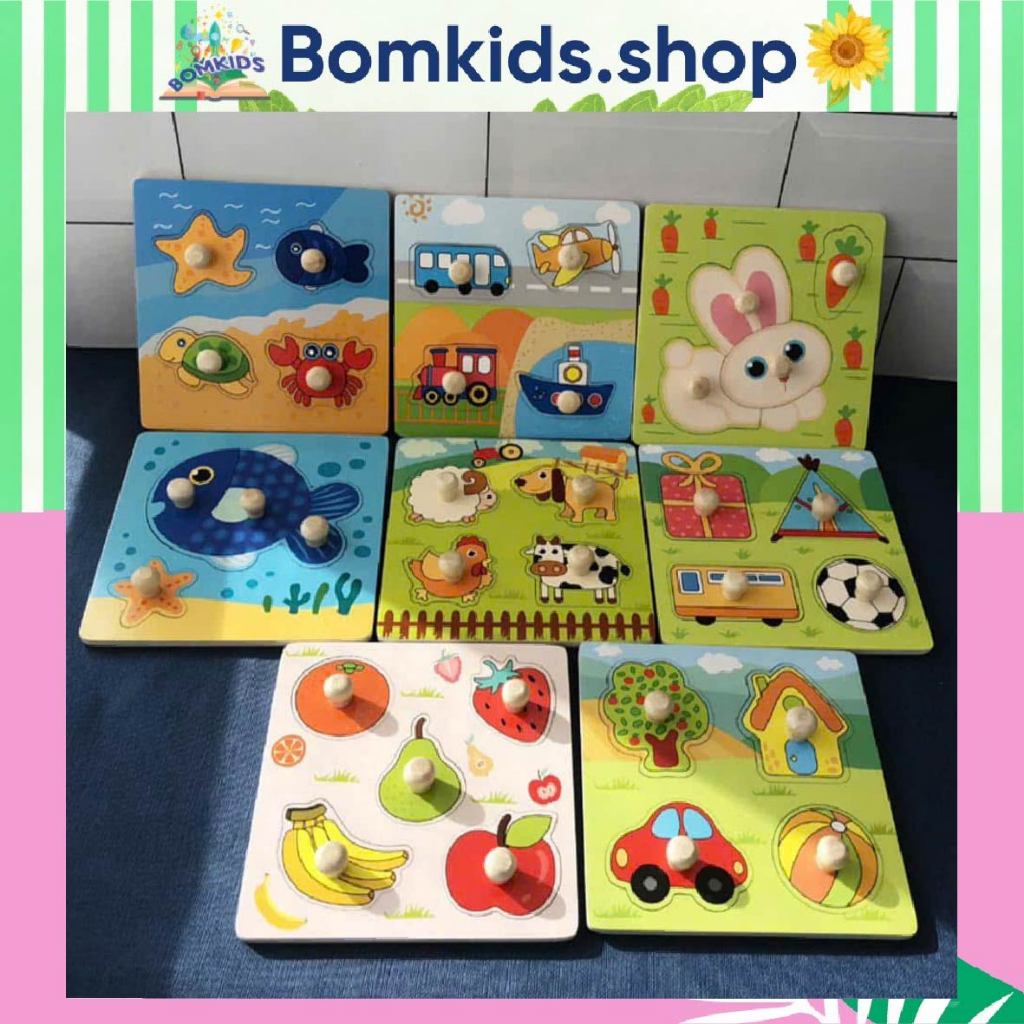 Collection of 4-piece Montessori wooden dowel puzzles with knobs ...
