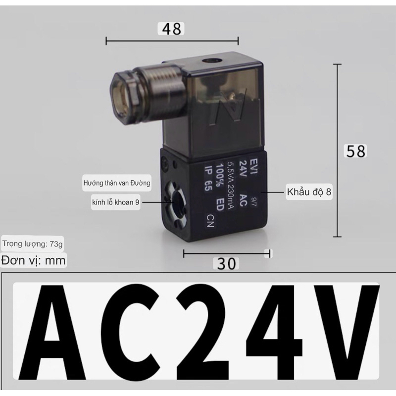 Solenoid valve suction coil 9mm hole, 30mm high, EVI 7/9 AC voltage 24V ...