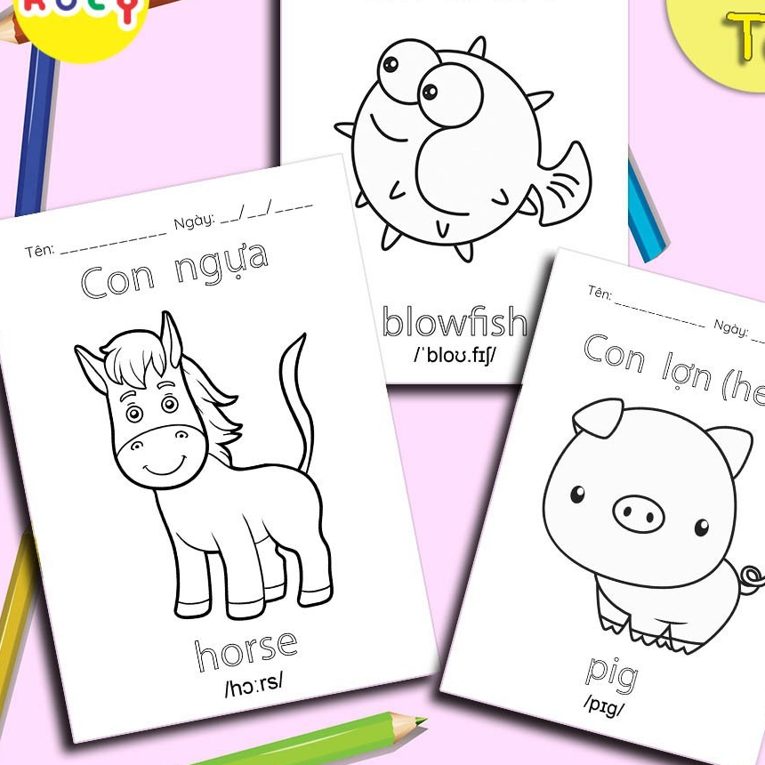 Set of 50 - 100 Cute Animal Coloring Pages Bilingual English and ...