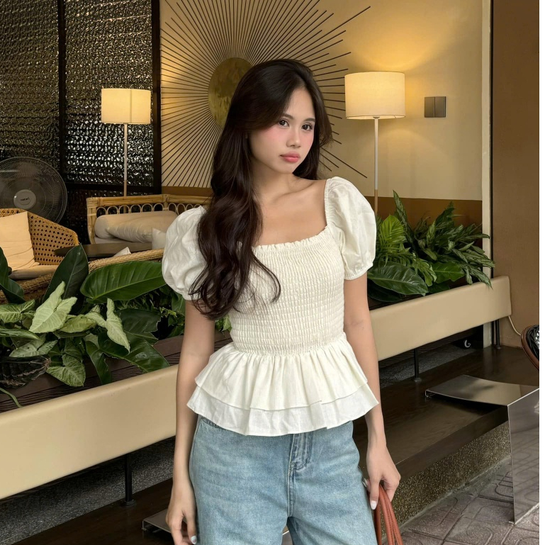 Bare_lady puff-sleeved shirt with flattering waist and flared layers in soft, cool linen fabric ...