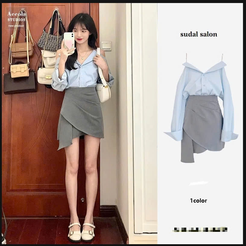 Uniquely designed cross-flap high cap skirt Set + Korean MORAN office ...