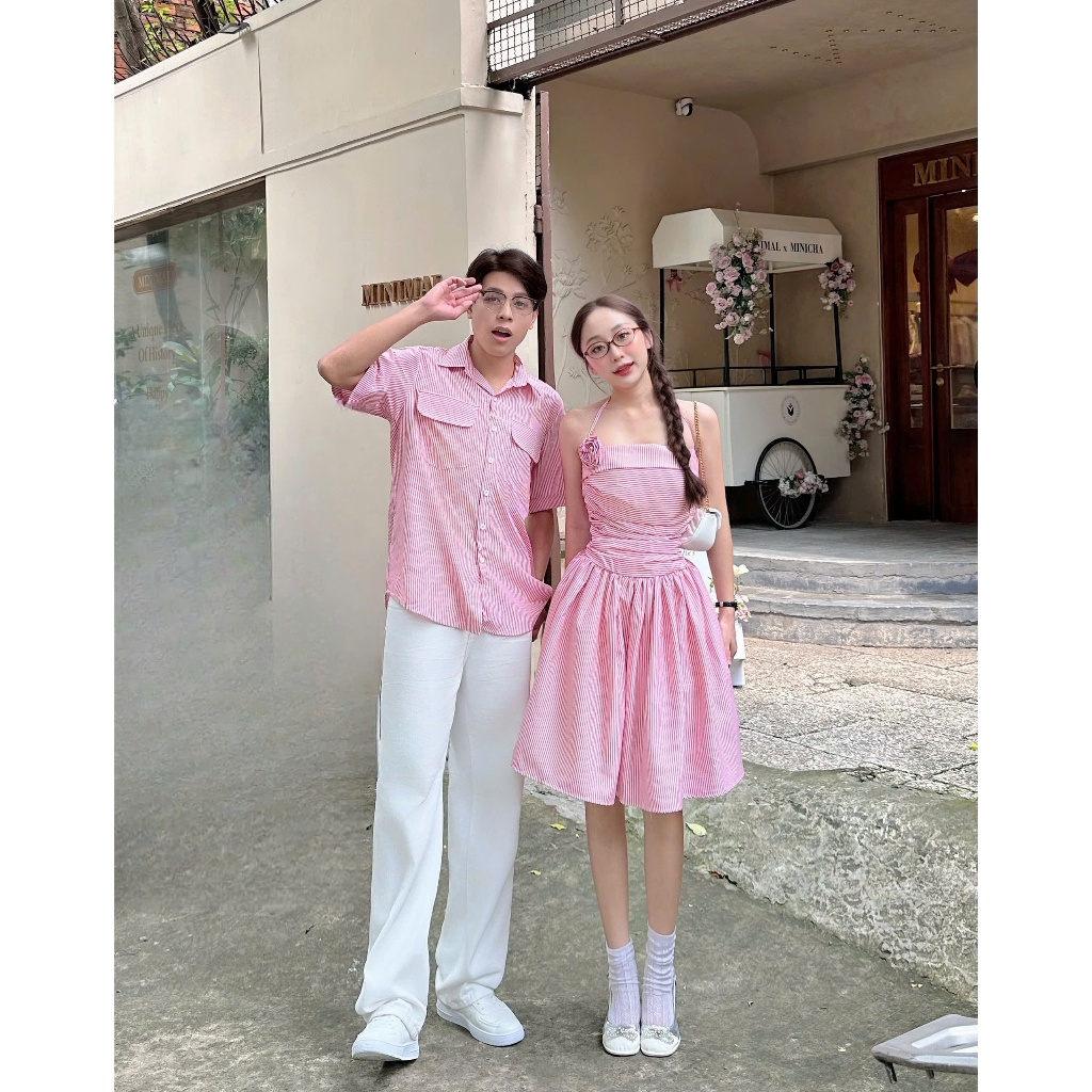 Couple Set, red and pink striped double shirt dress with ruffled waist ...