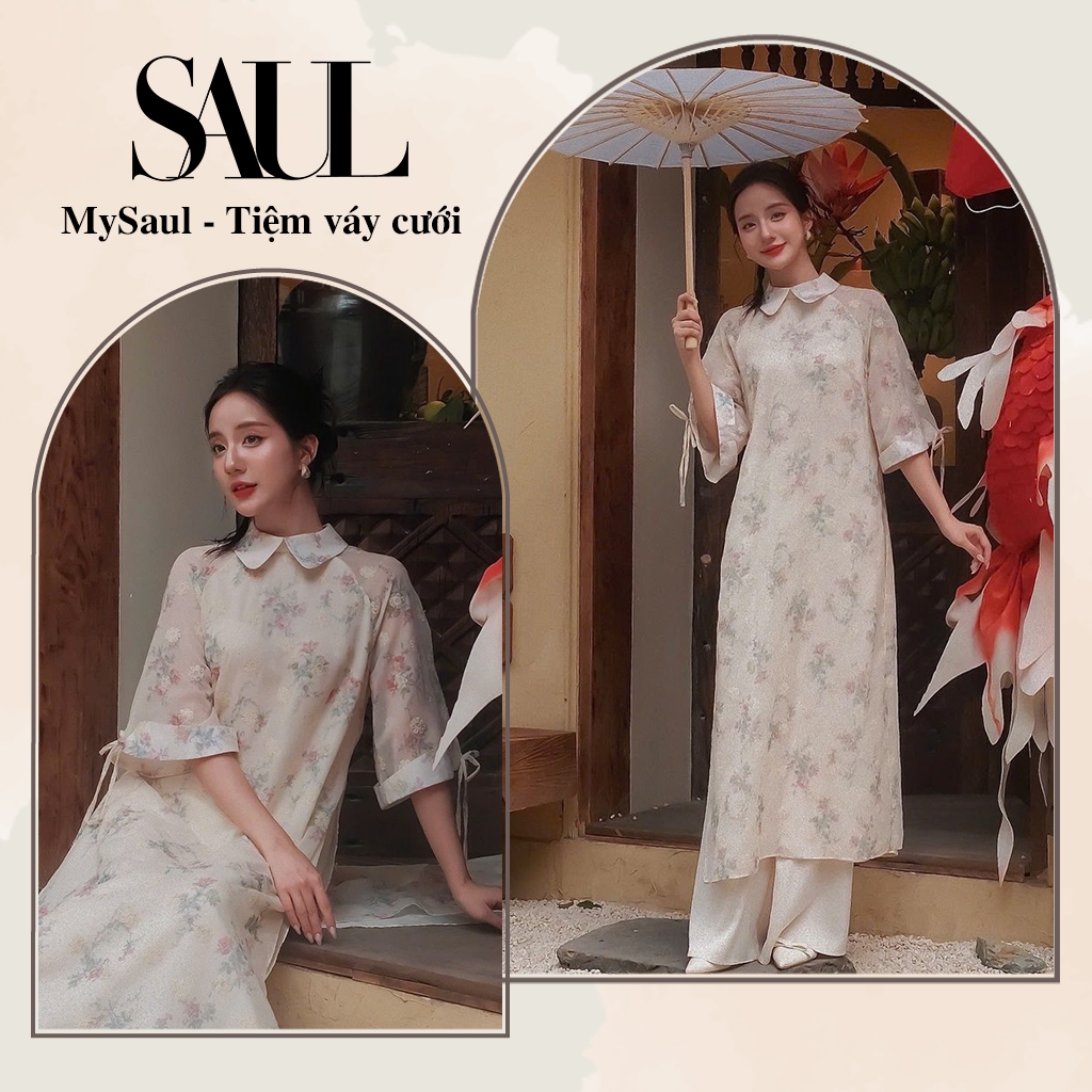 Modern ao dai with flared collar and flared sleeves with bow tie KHANH ...
