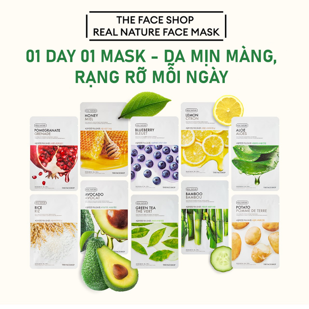 Combo of 50 THE FACE SHOP Real Nature Moisturizing Masks 20g (mix many ...