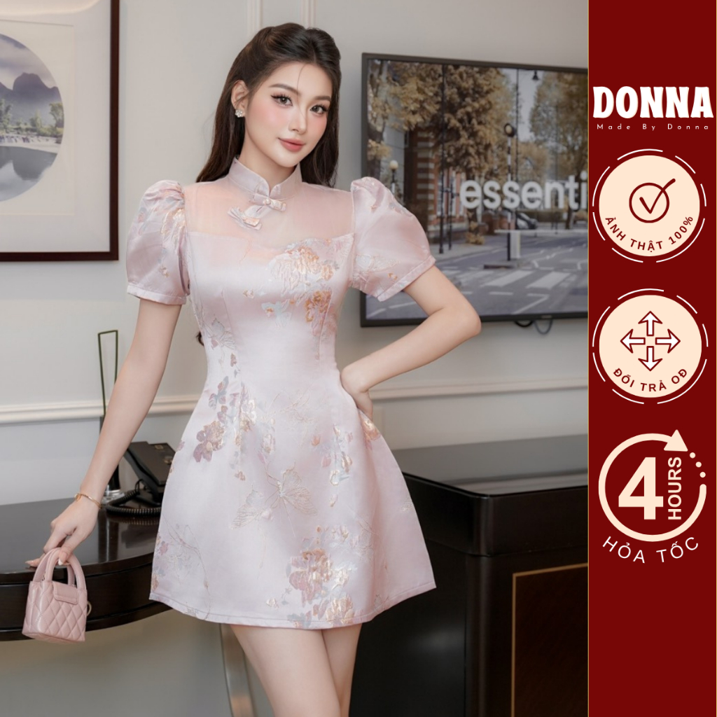 Donna - Modern brocade cheongsam-style dress with puff sleeves and high ...