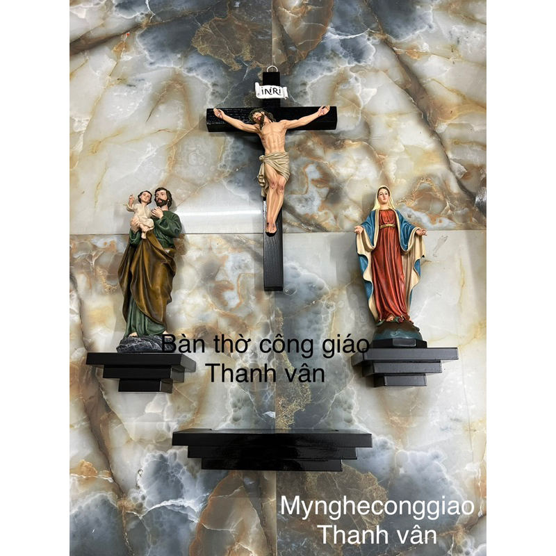 Simple altar set with black square shelf, small hand-painted statue ...