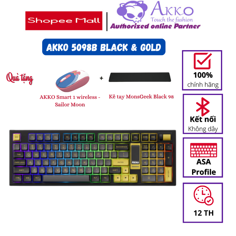 [Free Armrest + mouse] Akko 5098B Black & Gold Keyboard (RGB / Hotswap ...