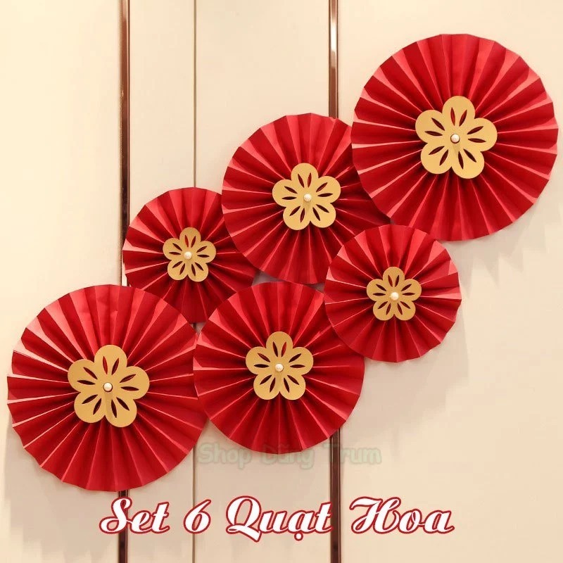 Set of 6 Red Paper Fans Decorative Round Paper Fans CNY Red Folding ...