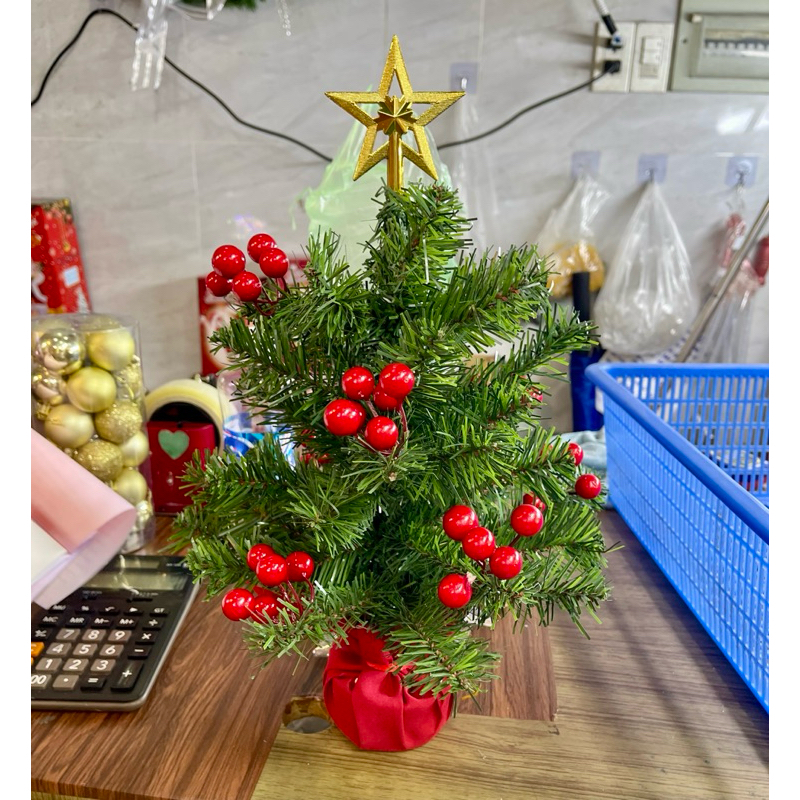 Small Green Pine Tree for Tabletop - Cherry Fruit Mounted - Red Fabric ...