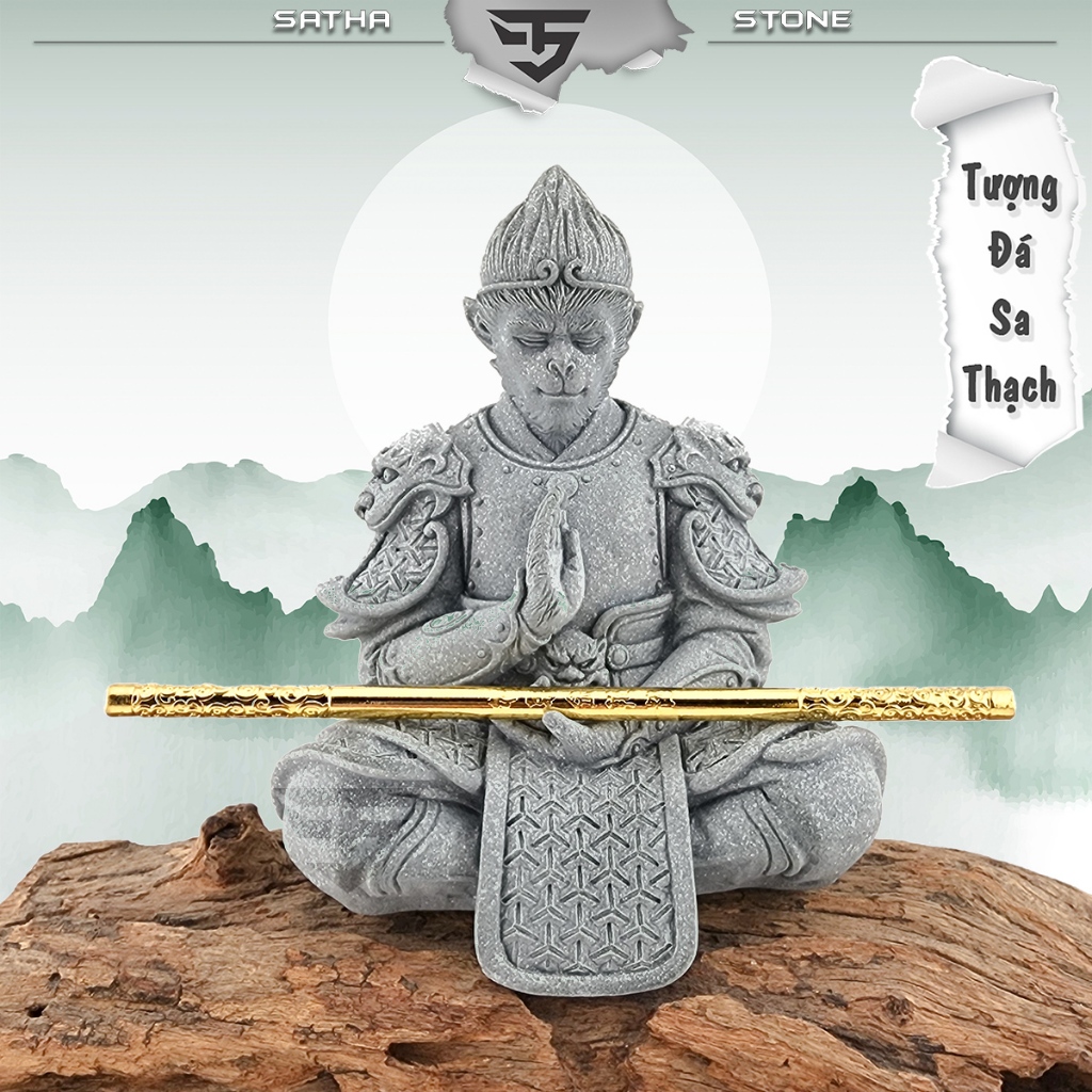 SA Statue of Sun Wukong wearing meditation armor with sandstone stick ...