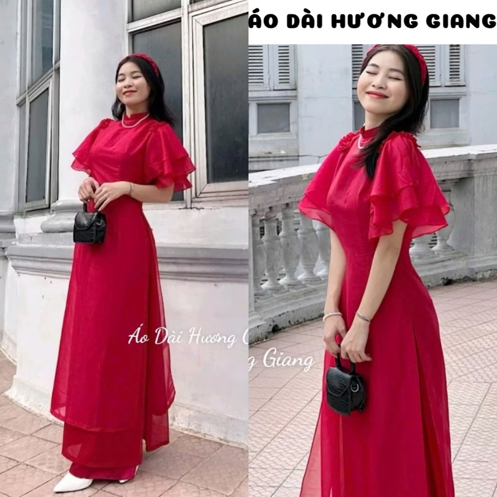 Modern red ao dai, youthful stylized sleeves, soft silk, 4-panel ao dai - Huong Giang Ao Dai ...