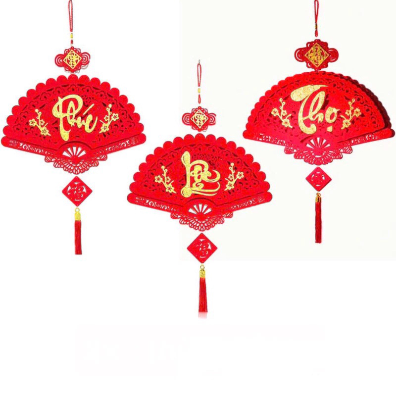 Red velvet fan with letters CNY, PHUC, LOC, THO 2025, Hanging tureen ...