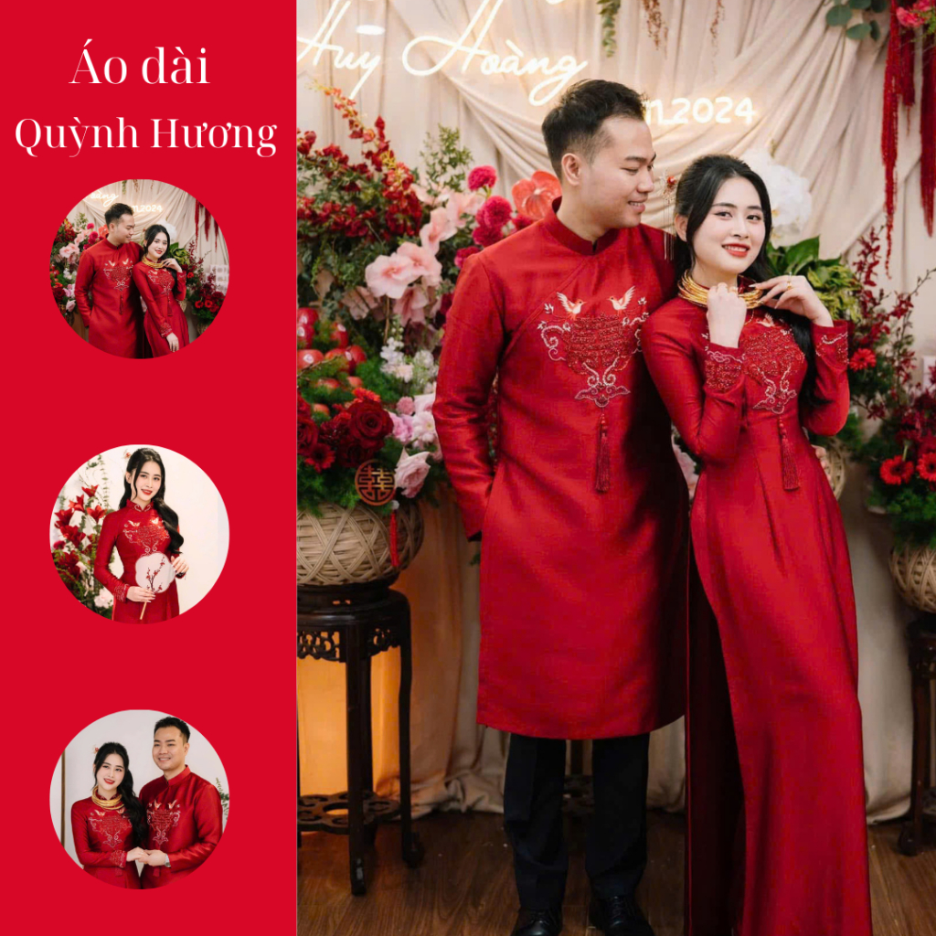 Wedding ao dai - Uyen Uong bride and groom ao dai embroidered with motifs by Quynh Huong ...