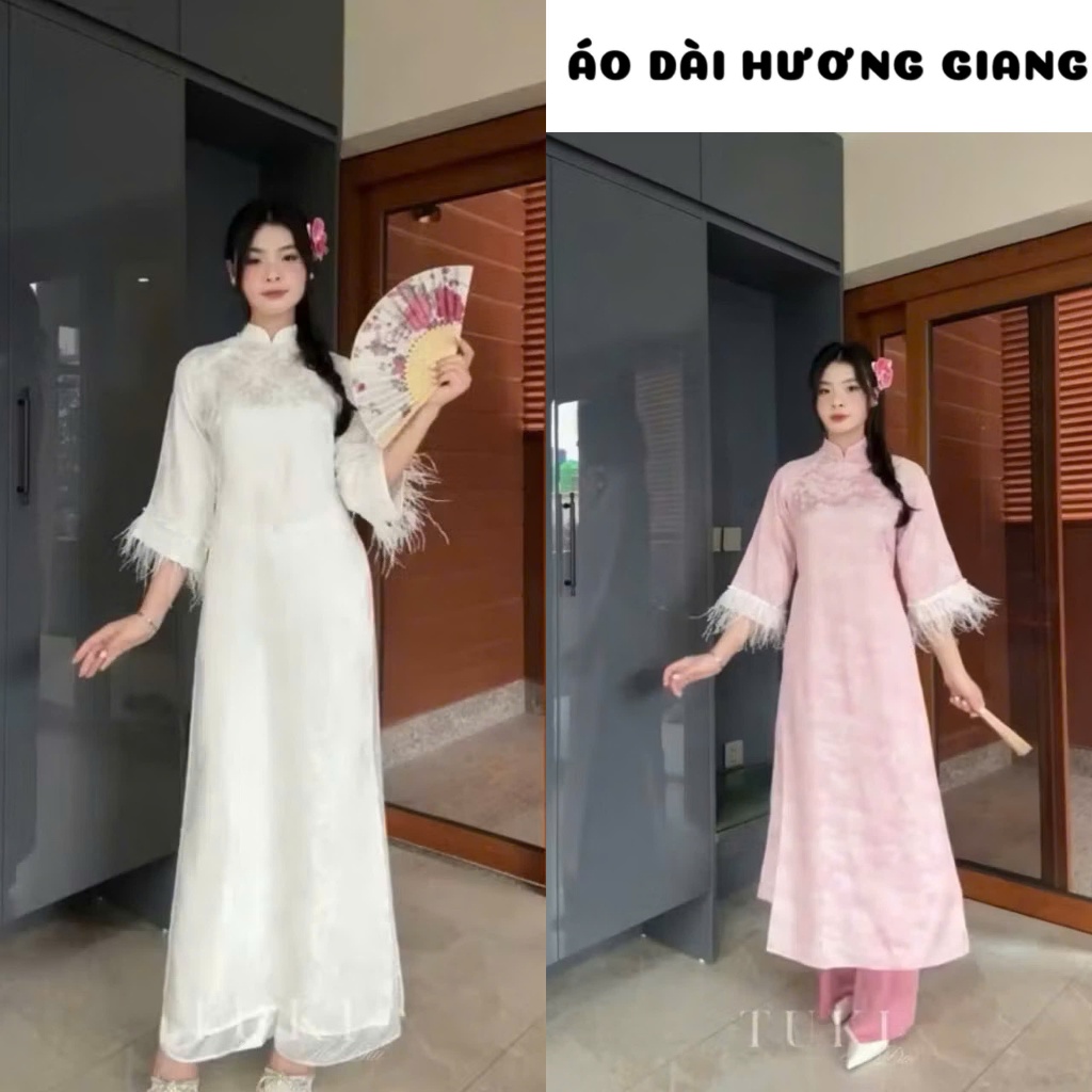 Modern brocade ao dai with feather sleeves - Huong Giang Ao Dai | Shopee Singapore