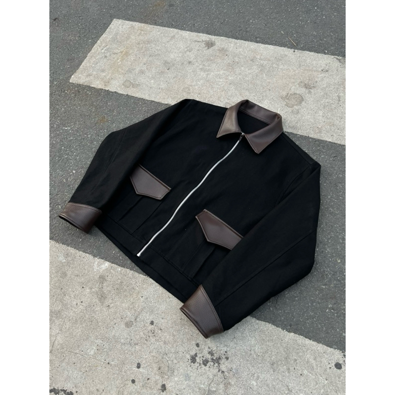 Jacket Black Denim mixed with brown leather BOXY Work Jacket ...