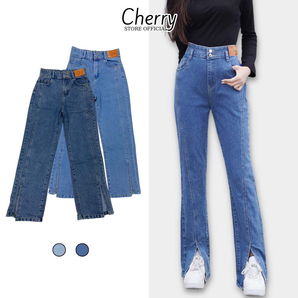 Cherry high-waisted 2-button flared wide-leg jeans, women's straight ...