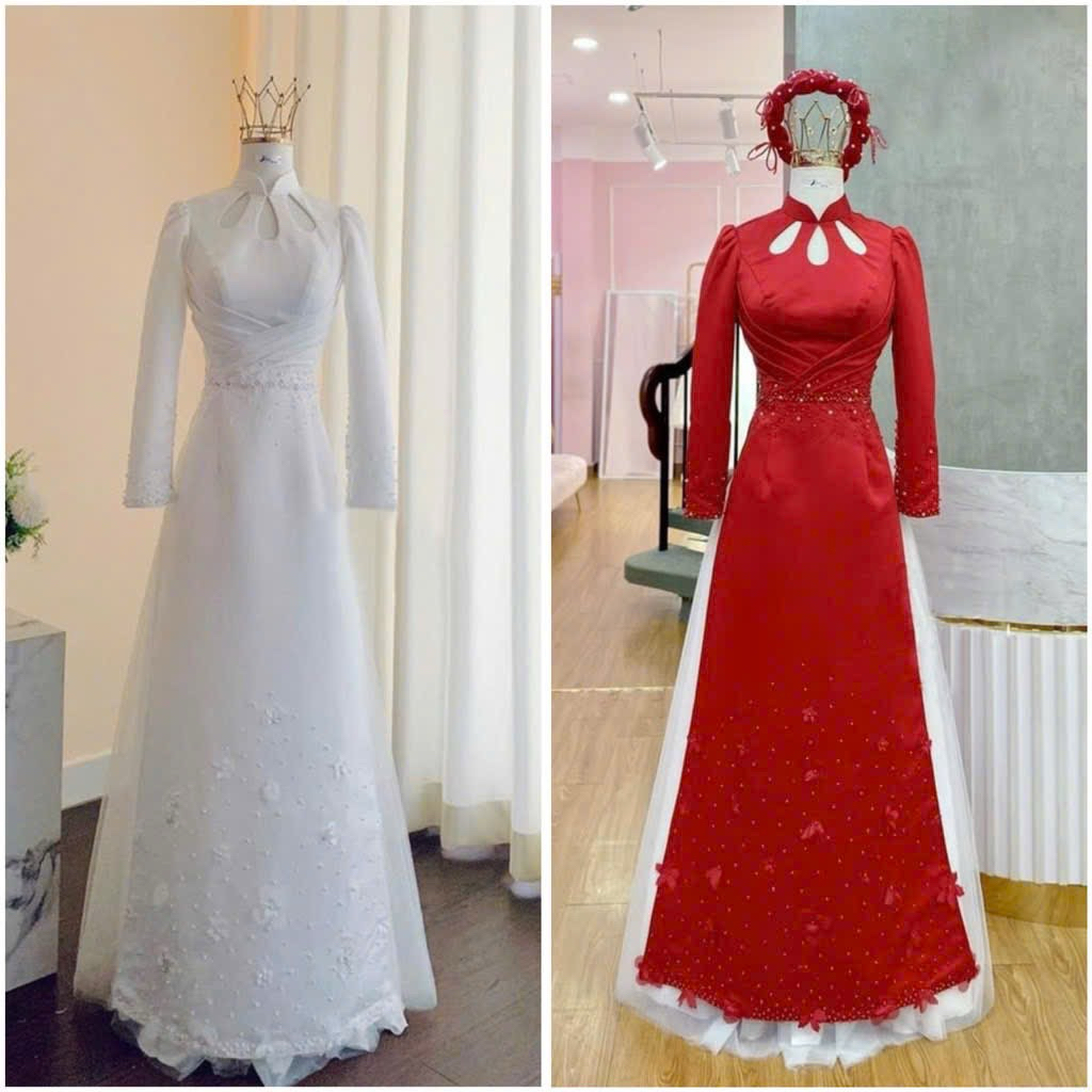 Dress for brides to wear to weddings, super pretty teardrop neck ao dai ...