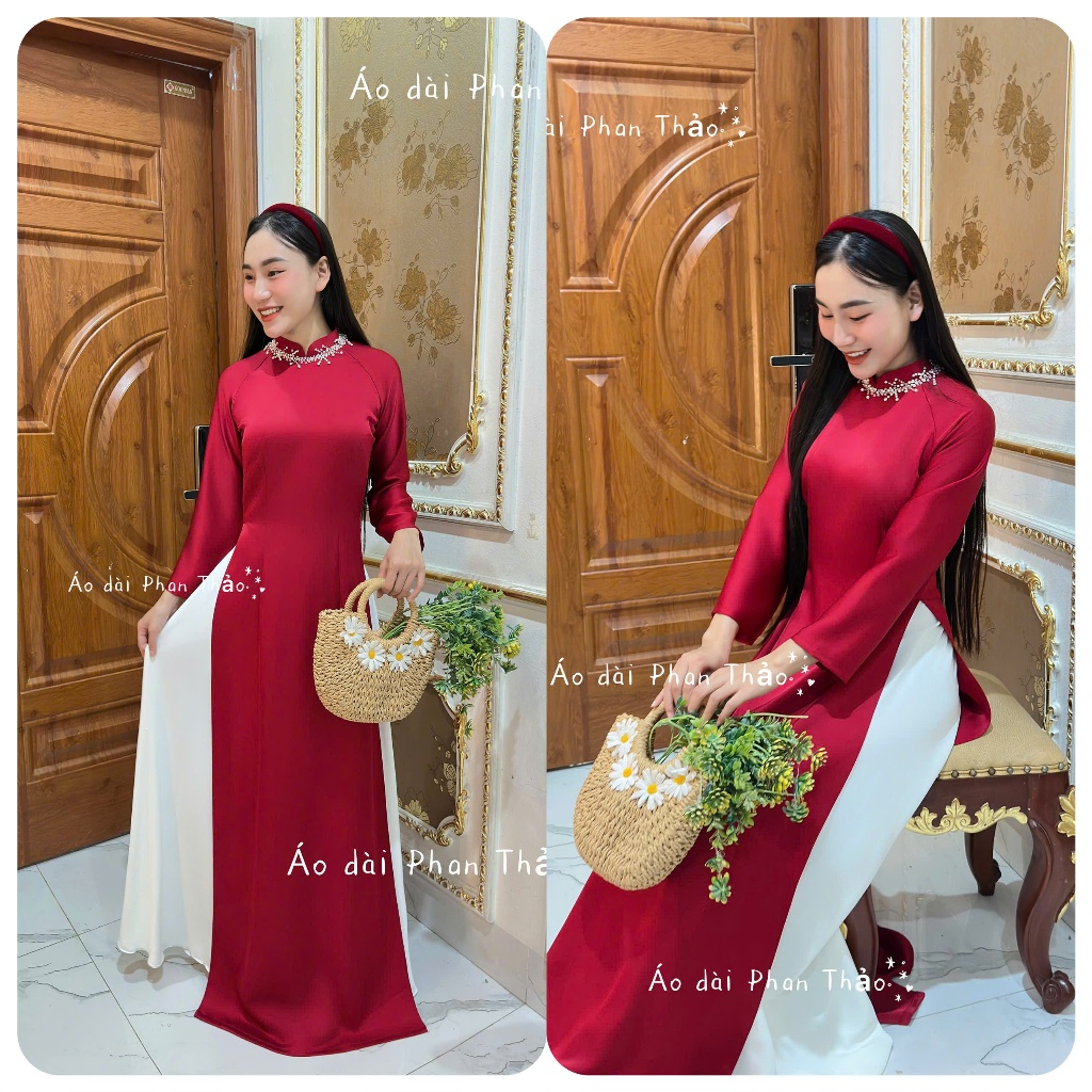 Traditional high-quality silk ao dai designed with beads and ribbons ...