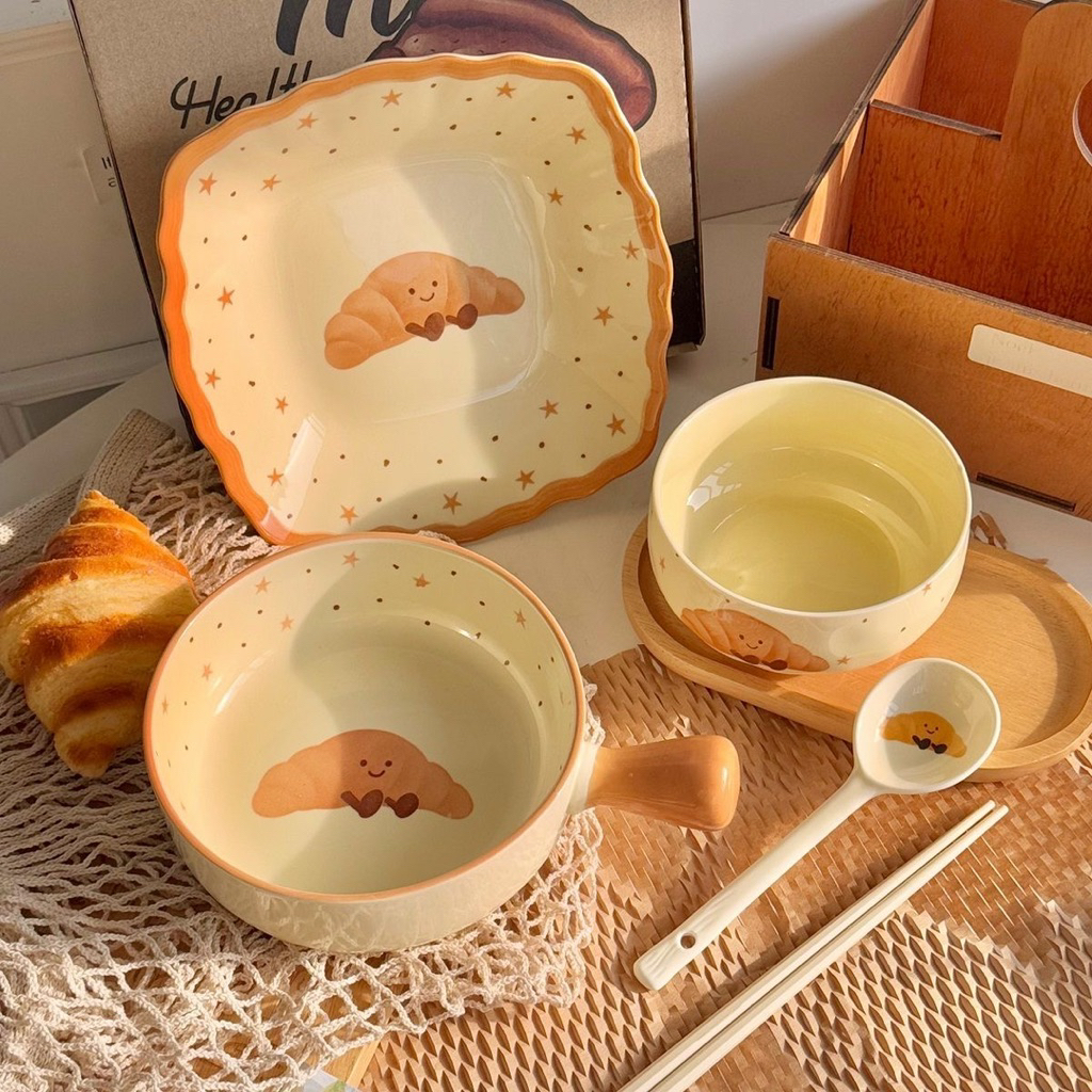 Set of 5 Cute Cake Pattern Porcelain Bowls (Handle Bowls + Square ...