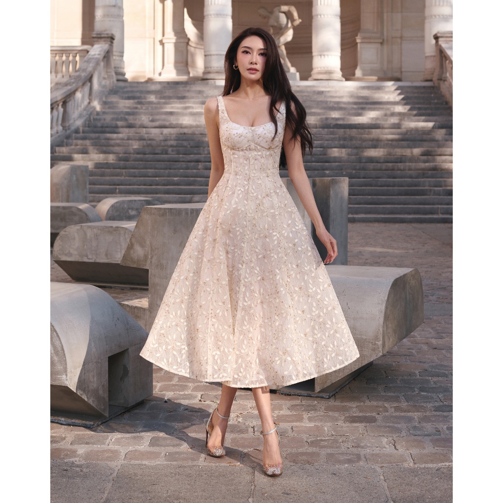 LOVELYN Sia – champagne lace midi dress with square neck, elegant ...