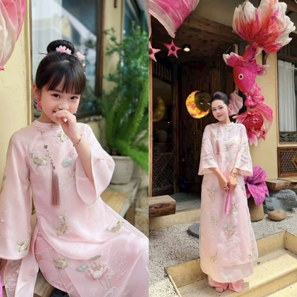 Mother Ao Dai Cute Pink Baby Girl Ao Dai with Lotus Shape Tet Ao Dai ...