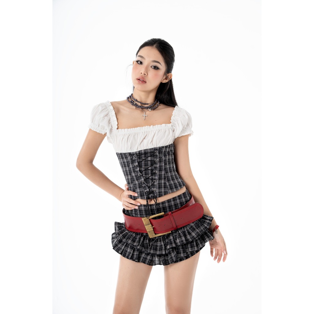 White Checkered Front Strapless Crochet Top Set and Cadence Checkered ...
