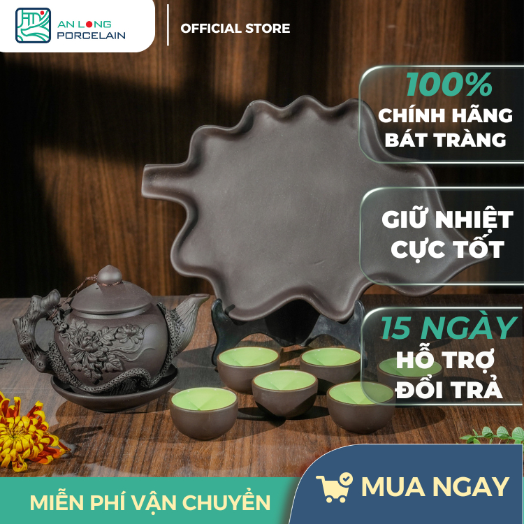 SA Bat Trang purple teapot, high-quality ceramic leaf tray tea set as a ...